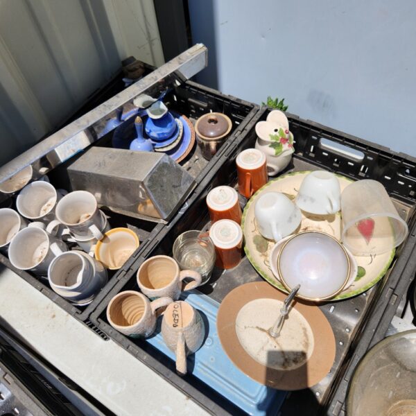 a78- misc household, dishes. Black Crate not included - Leftover Treasures