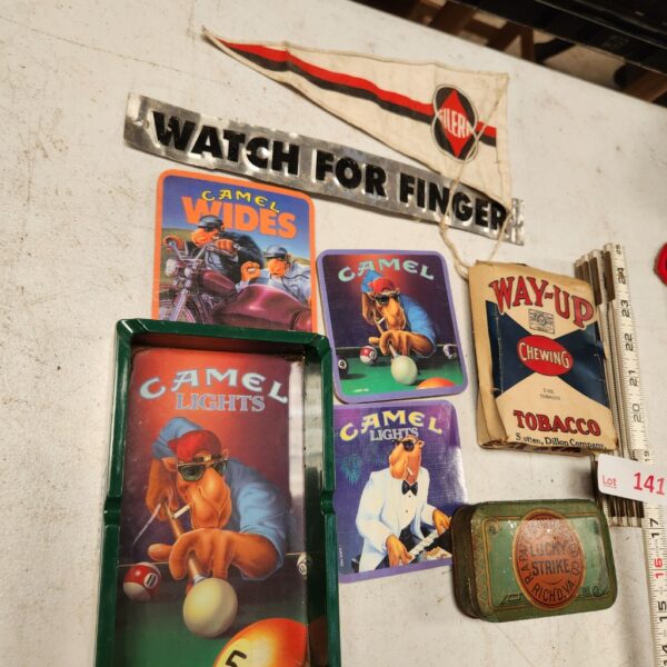 a141- vintage camel promo items. Lucky strike, way-up, sign, flag ...