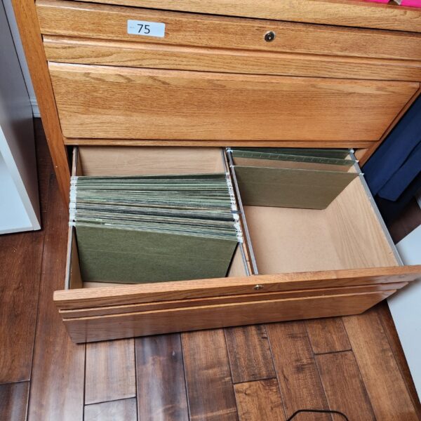 b75- lateral oak file cabinet w/ folders - Leftover Treasures
