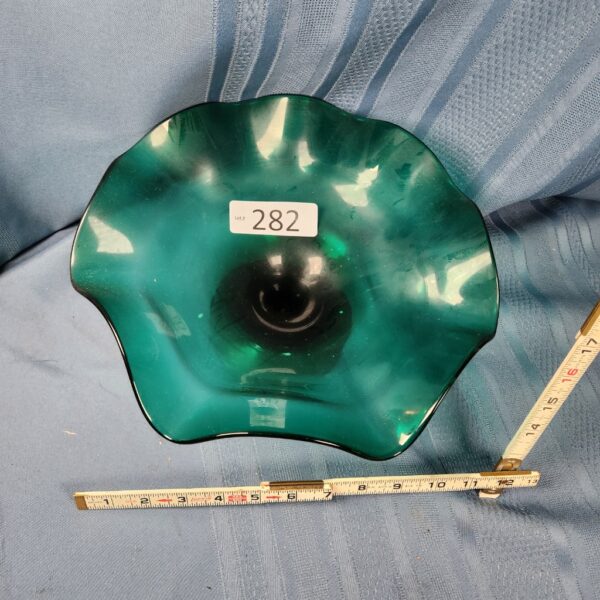 c282- Blenko art glass green pedestal bowl - Leftover Treasures